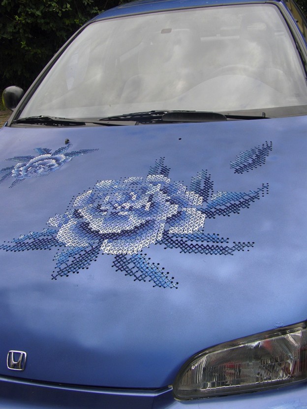 Florals Cross-Stitched onto Stiff Metal Objects - Brown Paper Bag