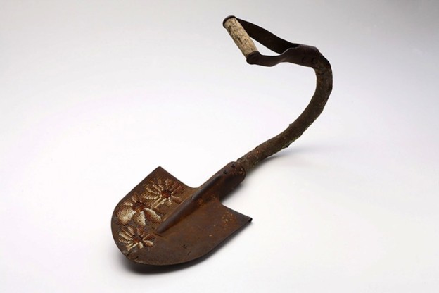 Florals Cross-Stitched onto Stiff Metal Objects - Brown Paper Bag