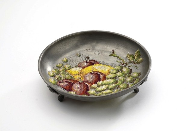 Florals Cross-Stitched onto Stiff Metal Objects - Brown Paper Bag