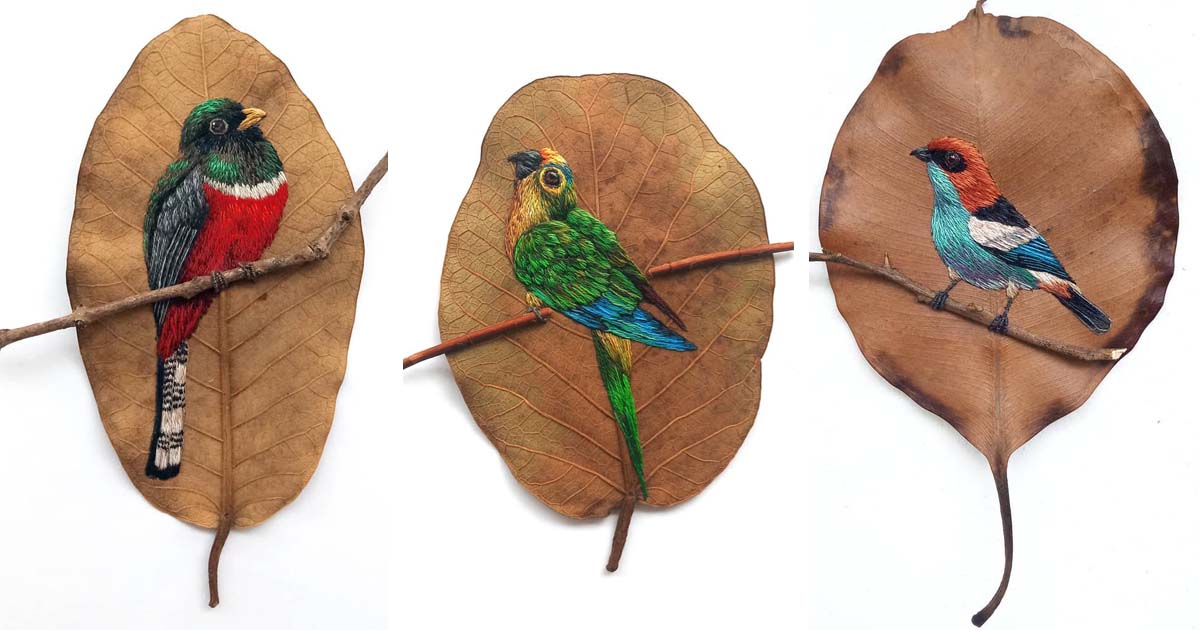 Amazing Embroidery on Leaves Showcases the Beauty of Birds