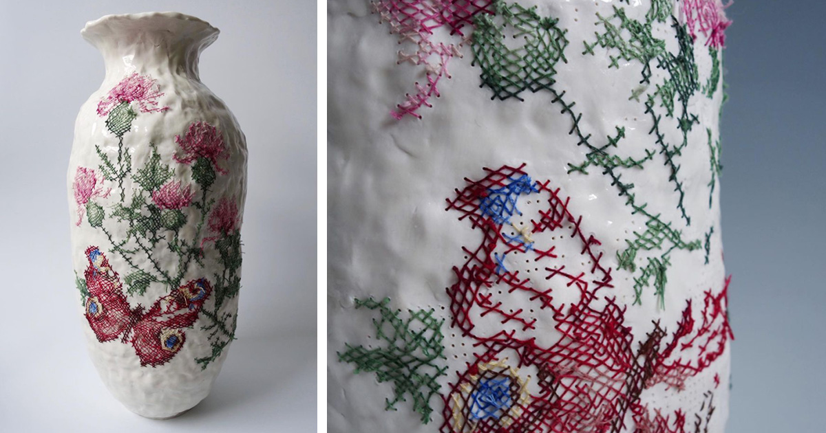 Embroidery on Clay Fuses Vessels With Thread
